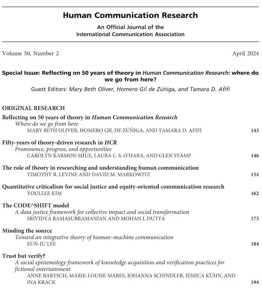 【出版】Human Communication Research：2024年第2期（50周年纪念专辑）