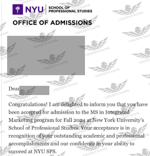 2024 VH Offer | NYU～恭喜VH学员获录纽约大学整合市场营销硕士Offer～_留学_求职_保研