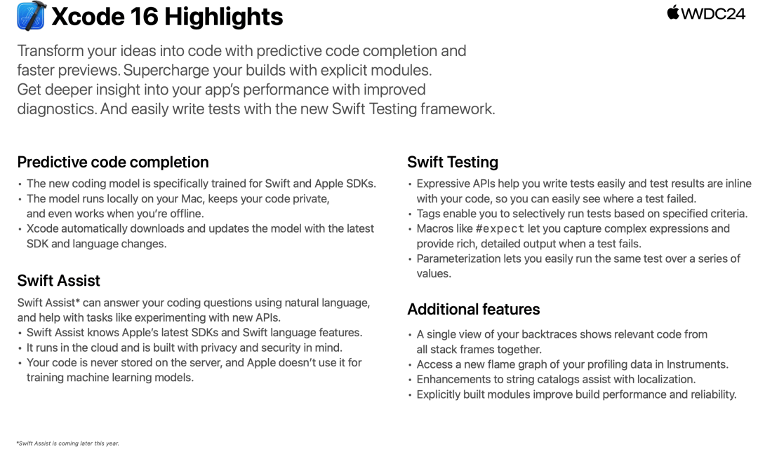 Xcode 16引入AI编程助手Swift Assist、集成全新预测性代码补齐引擎_Apple_模型