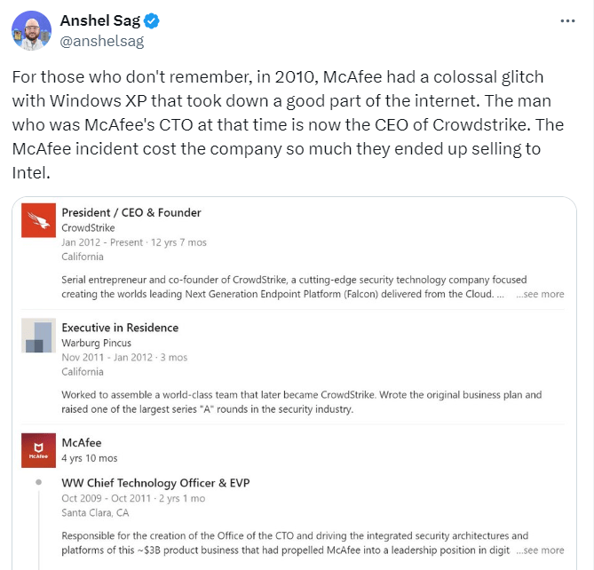 CrowdStrike开盘跌超8%，CEO被曝有过“IT黑历史”_McAfee_公司_Windows