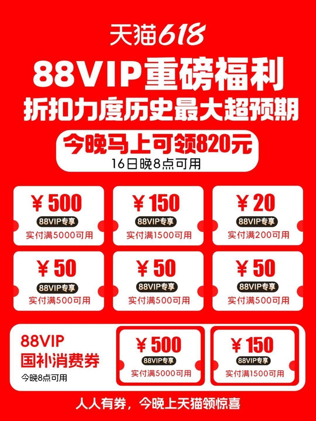88VIP重磅福利！天猫618今晚发放820元大额消费券_人人_活动_服饰