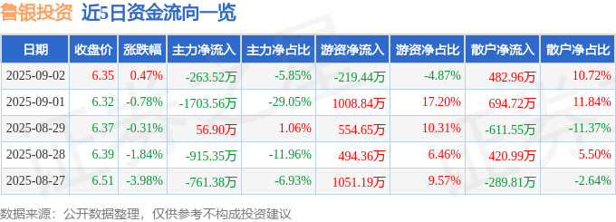 股票行情快报：鲁银投资（600784）9月2日主力资金净卖出263.52万元_成交额_流向_净流出
