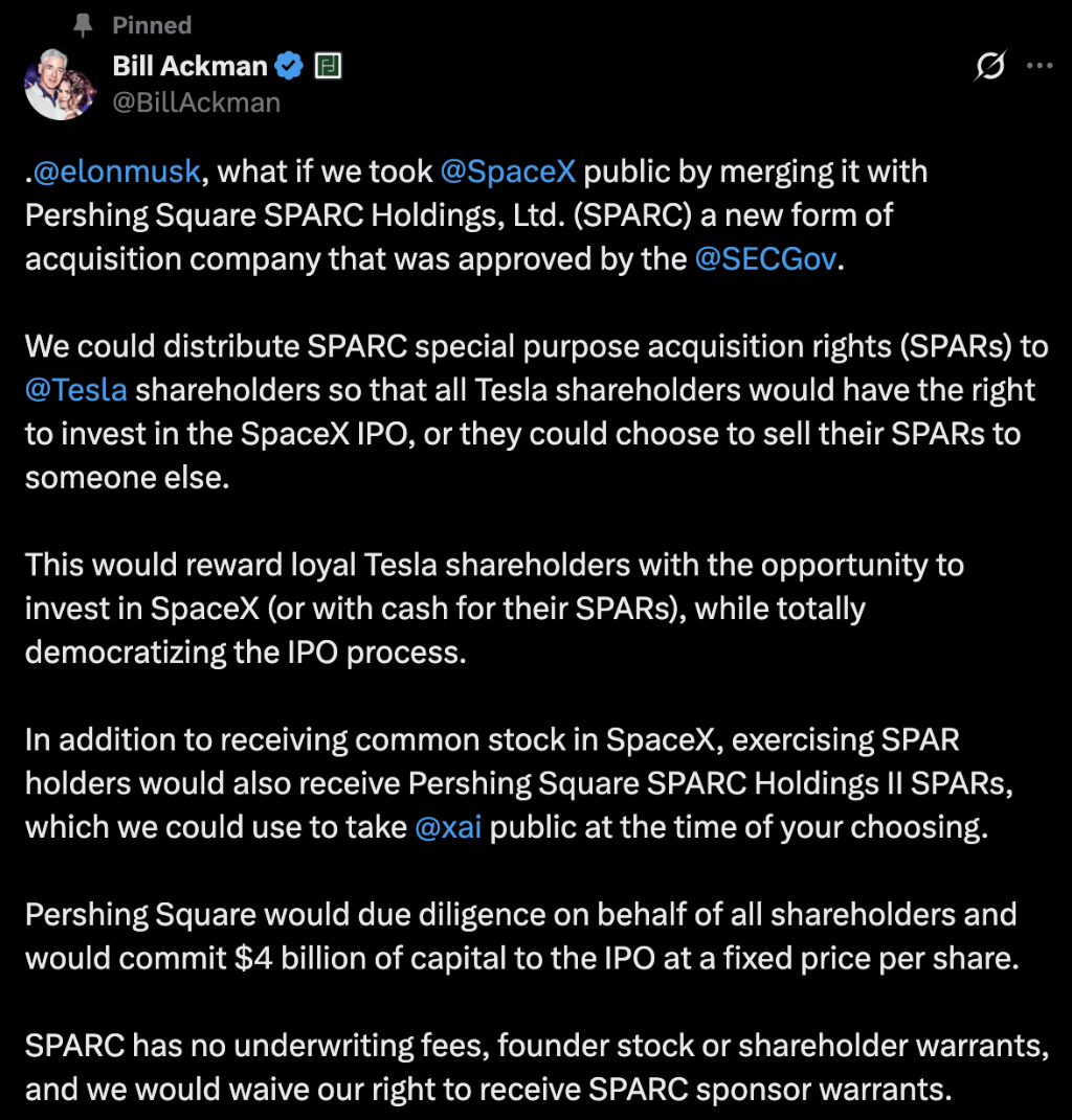 Ackman抛出SpaceX上市新方案：不走传统IPO，没有承销费，特斯拉股东可先上车_结构_潘兴_融资